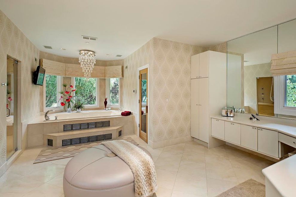 Neutral Master Bath with Flat-Panel Cabinets, Chandelier and Platform ...