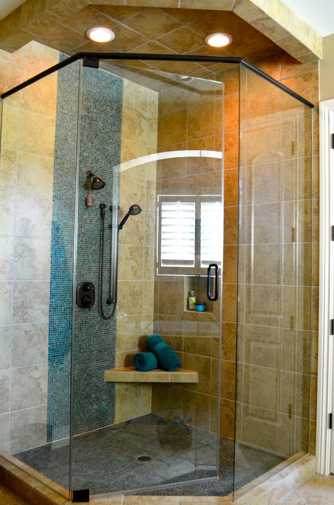 Oversized walk-in shower with glass tile detail - Contemporary ...