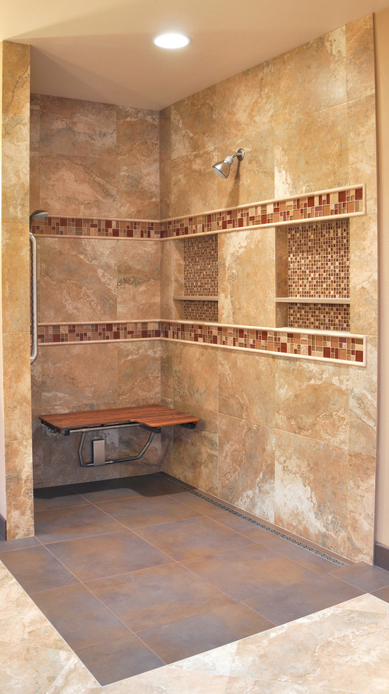 Porcelain Shower with Curbless Pan and Fold up Bench - Traditional ...