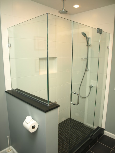 Rain Head Shower With Frameless Glass Doors Modern Bathroom