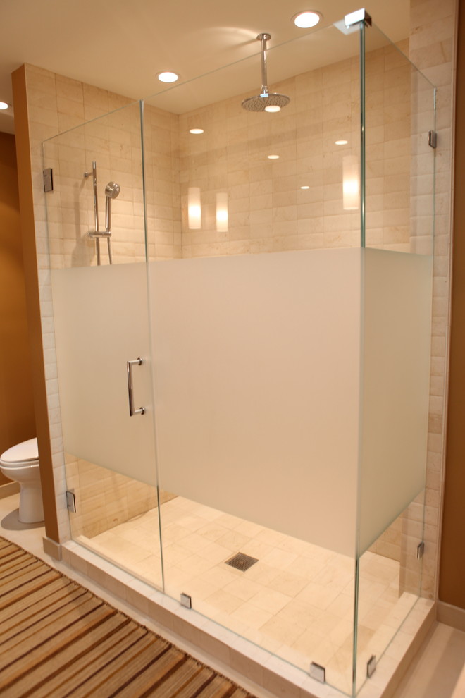 Sand blasted privacy screen in the master shower with rain shower head ...