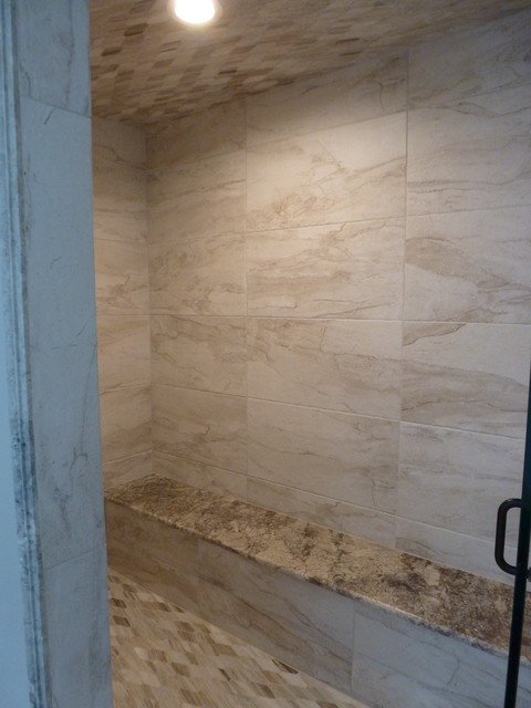 Sauna with granite bench seating and porcelain tile - Transitional ...