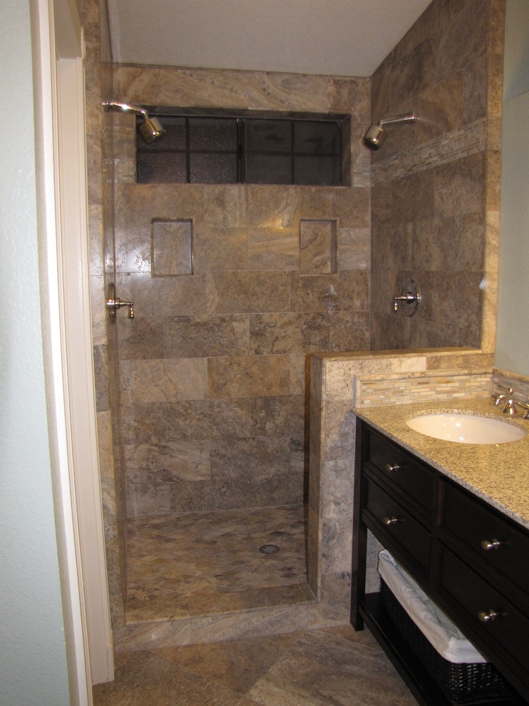 Silver 12x24 Vein Cut Travertine Tile Shower Surround Project ...