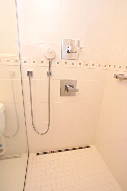 Slot Drain Against Wall in ADA Compliant Shower - Traditional ...