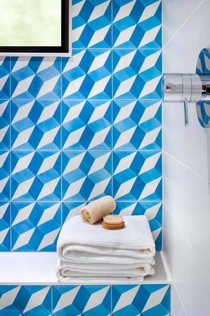 spunky, contemporary bathroom featuring clé cement tile shower wall ...