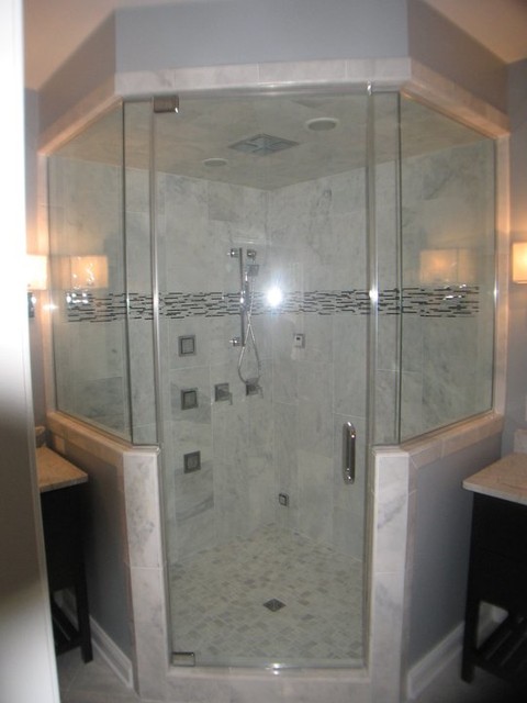Steam Shower with 4 panel shower rainhead and body jets, carrera marble ...
