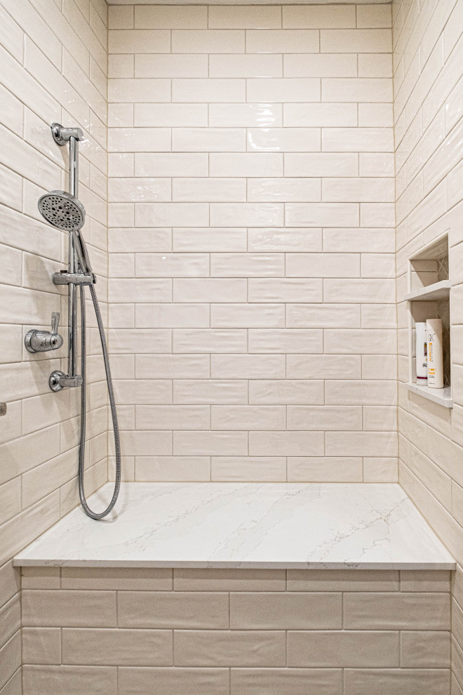 Subway Tile Shower with Rainhead, Bench and Handheld - Transitional ...