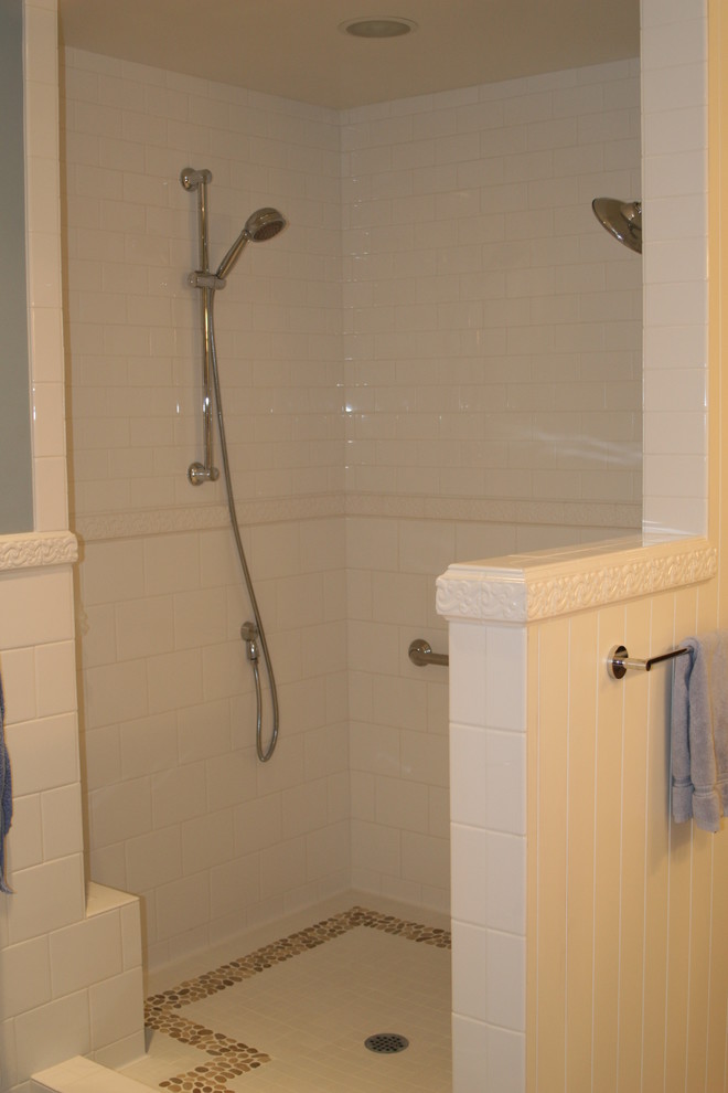 This 2-head walk-in shower anchored this gorgeous remodeled bathroom ...