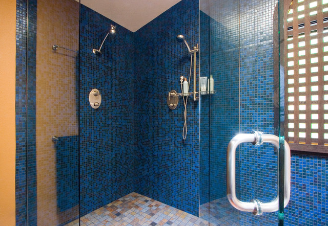 This 2-shower-head, spacious shower anchors the master bathroom of this ...