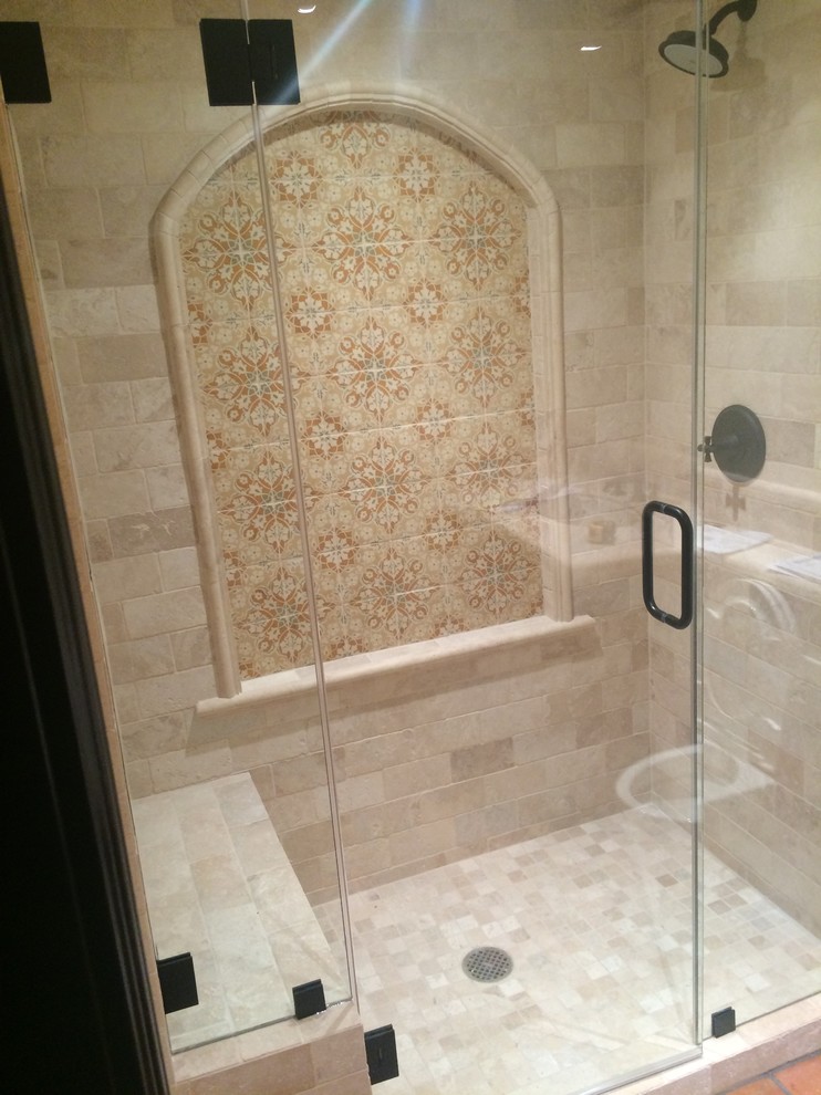 Travertine and Handpainted Terra Cotta Tile Shower - Mediterranean ...