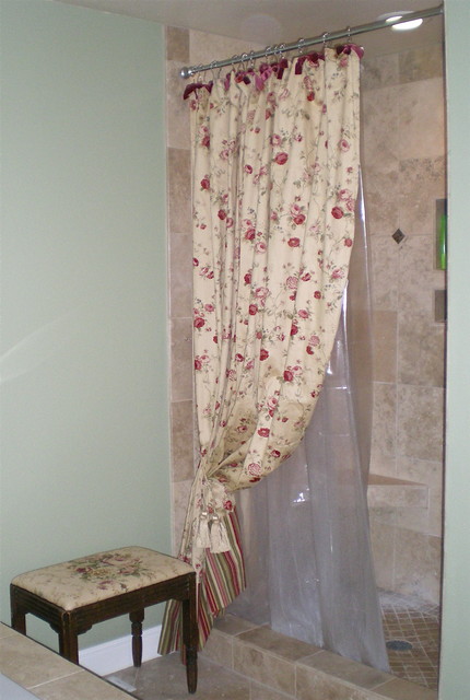 Waverly Fabric Shower Curtain w Red Velvet Ribbon Ties Traditional Bathroom Portland by Julie Murray Houzz IE
