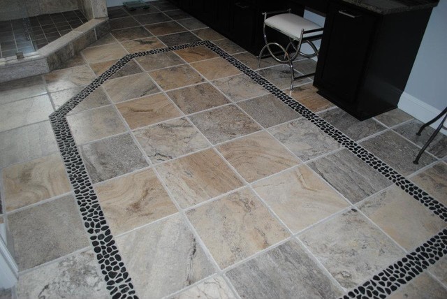 Travertine Tile with River Rock Accents - Traditional - Bathroom ...