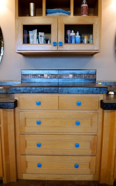 Turquoise glass knobs on bathroom vanity by Uneek Glass Fusions ...