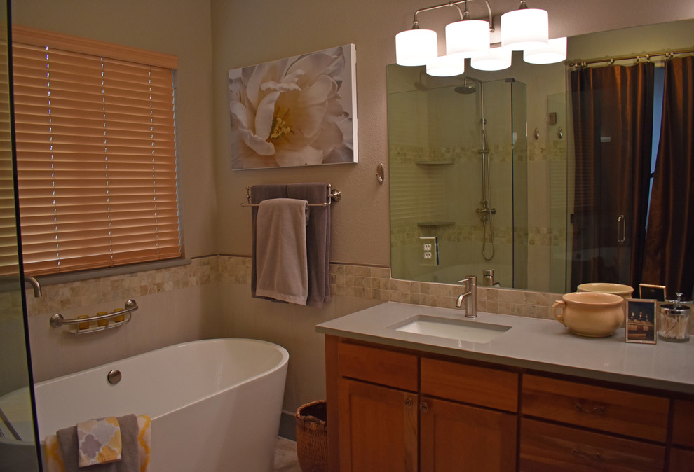 View of the tub and shower in the mirror - Transitional - Bathroom - Denver - by FTC - Final ...