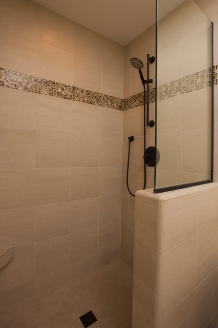 Walk in Corner Shower with Beige Tile & Glass Tile Liner - Eclectic ...