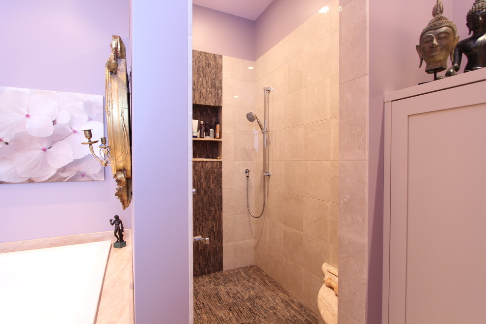 Walk in Shower with Accent Tile and Shampoo Cubbies - Eclectic ...
