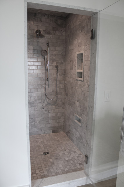 Walker Zanger Rue Pierre Gris Tiled Shower with Bianco Gioia Floor Tile ...