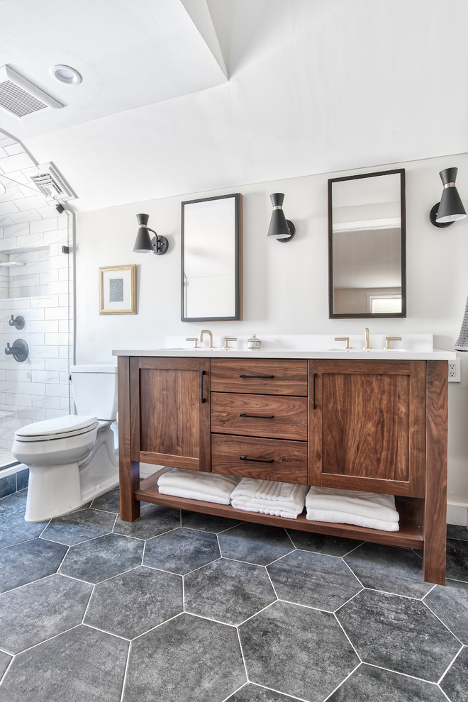 Walnut Vanity With Black Tiled Floors Modern Bathroom New York By Kitchen Intuitions Houzz