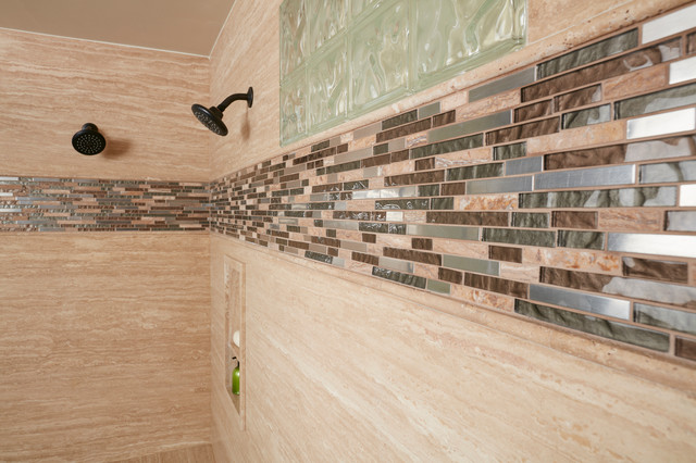 Walnut Vein Cut Natural Stone Walk-in Shower - Classique Chic - Salle ...