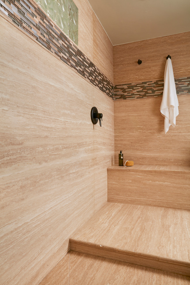 Walnut Vein Cut Natural Stone Walk-in Shower - Transitional - Bathroom ...