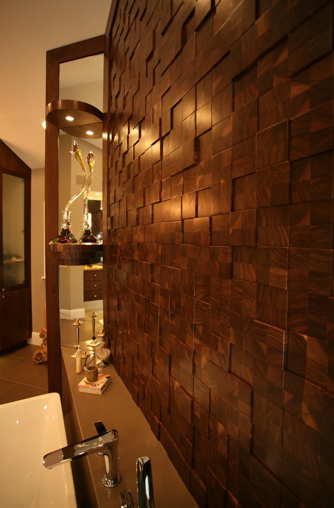 Walnut wood feature cobble wall with mirror - Contemporary - Bathroom ...