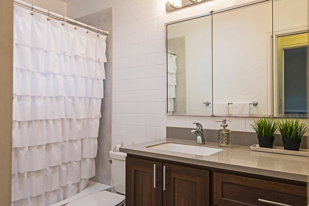 White and gray bathroom | Quartz counter tops with dark stained wood ...