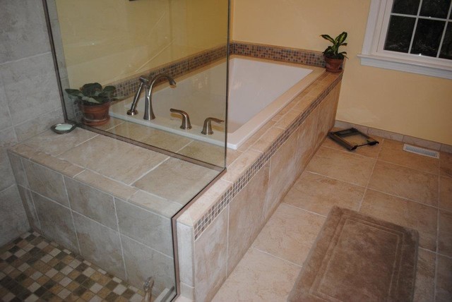 White Drop In Tub, Tile Floor, Tub Surround, and Shower - Traditional ...