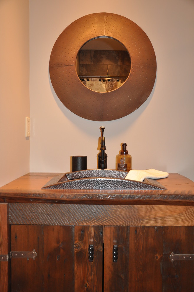 Artesa trough copper bath sink with recycled wood countertop - Rustic ...