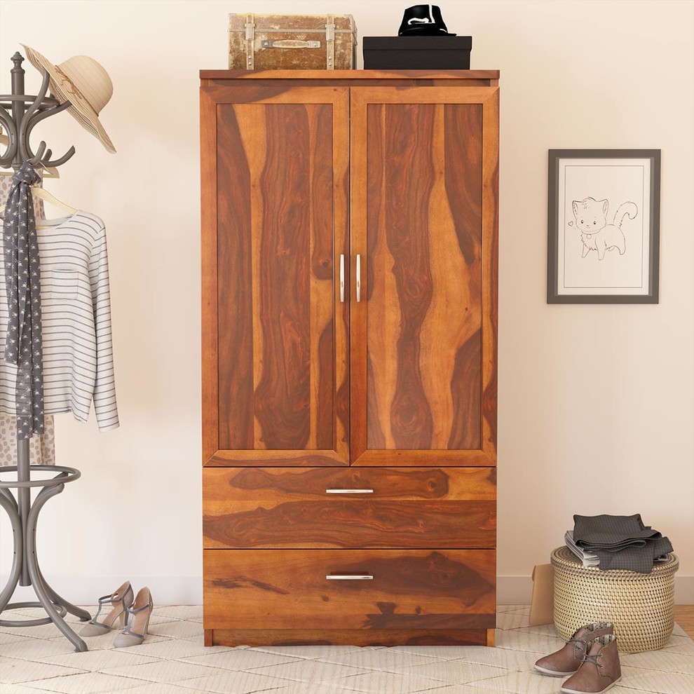 Caspian Rustic Solid Wood Bedroom Armoire Wardrobe With 2 Drawers ...