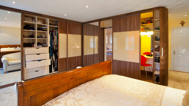 Dark walnut & Cream glass slide robes with full length mirror panels ...