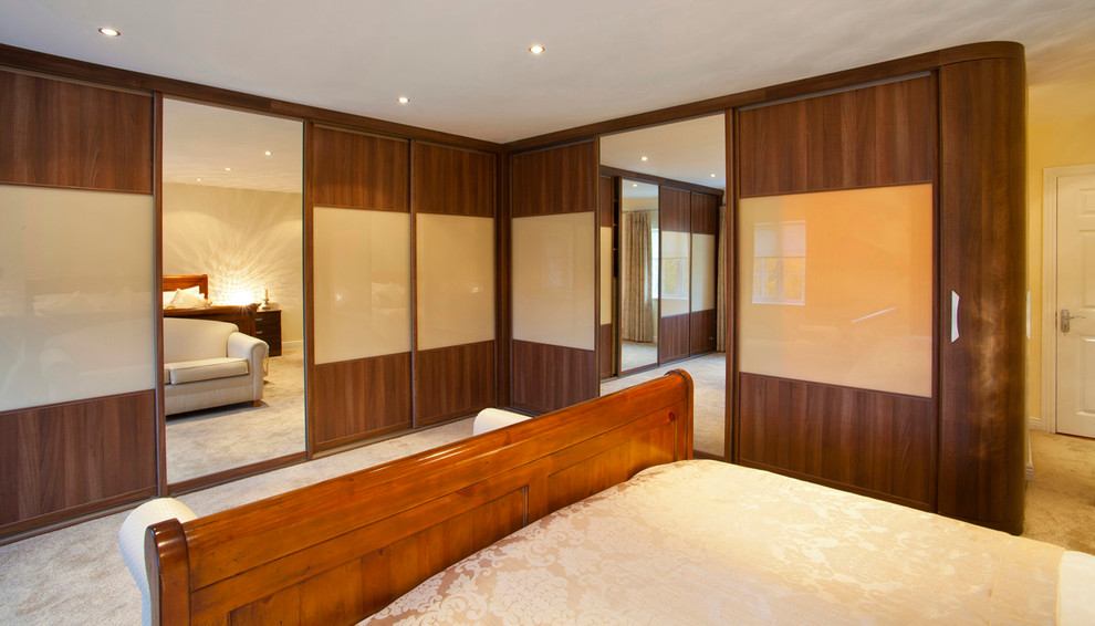 Dark walnut & Cream glass slide robes with full length mirror panels ...