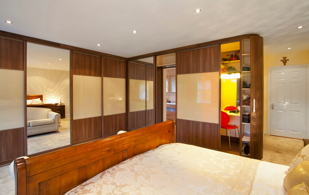Dark walnut & Cream glass slide robes with full length mirror panels ...