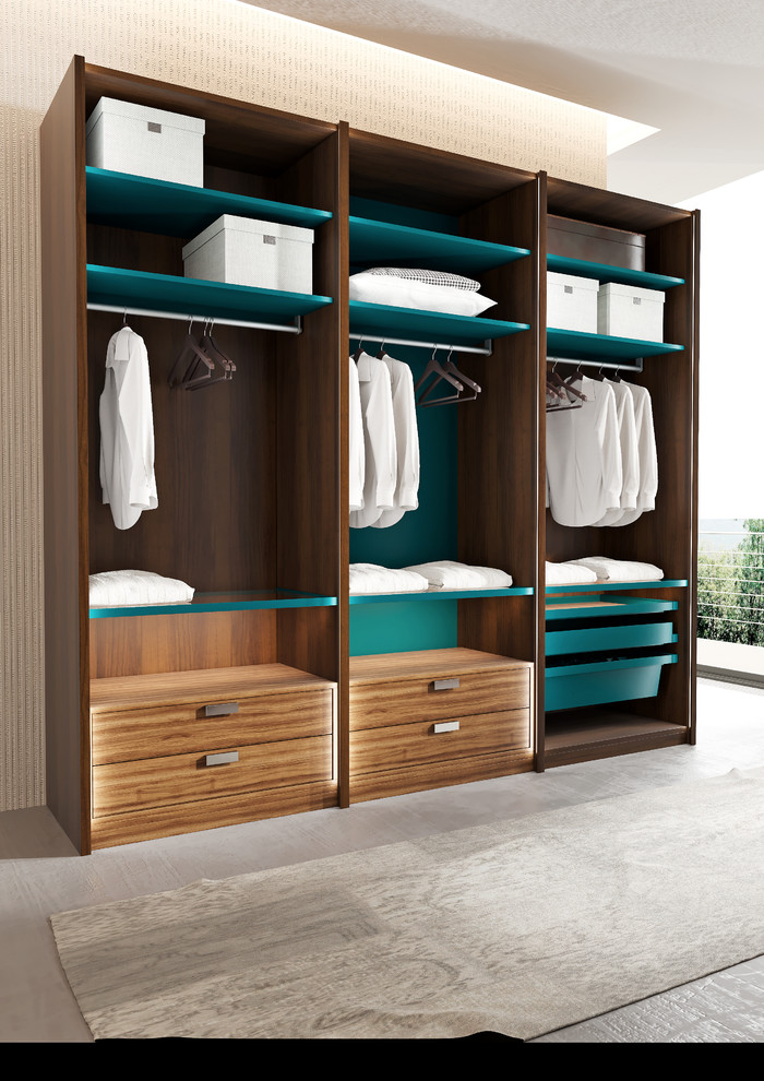 Dark Wood Grain Galley Walk-in Closet - Bedroom - by OPPEIN Group | Houzz