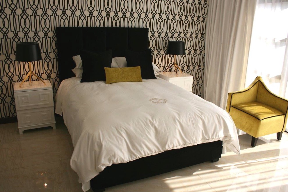 Guest bedroom,black tufted headboard,white linen,yellow ottoman ...