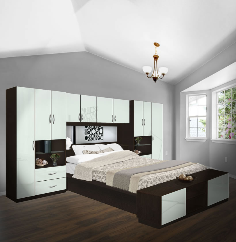 Lincoln Pier Wall Platform Bed w Mirrored Headboard & Storage Footboard ...
