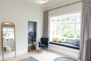 Master bedroom with bay window sofa - Transitional - Bedroom ...