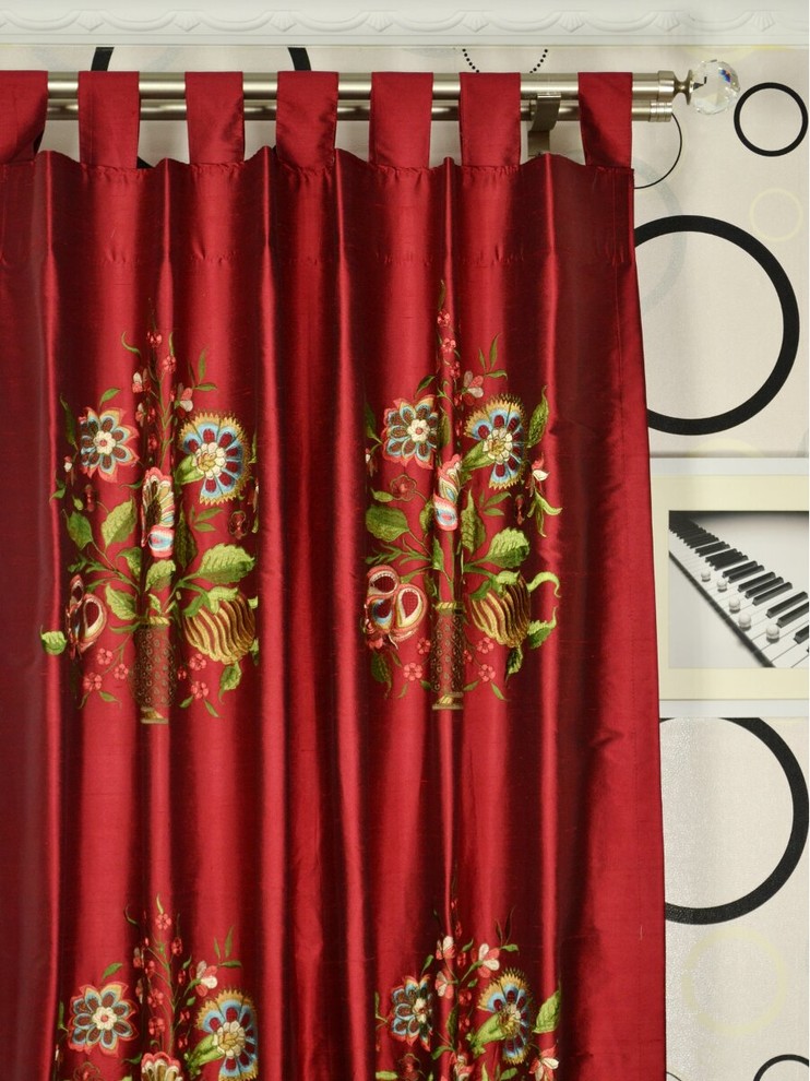 Red Embroidered Vase Tab Top Dupioni Silk Curtains - Contemporary ...