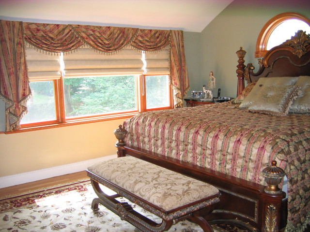 Traditional Swags with Double Cascades over Roman Shades, Custom ...