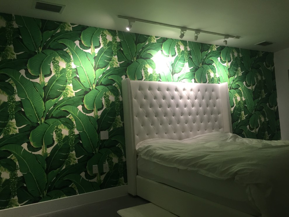 vintage wall-covering installation and flamingo wallpaper - Beach Style ...