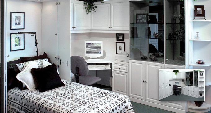 White twin Murphy bed with corner office open and closed bed pictures ...
