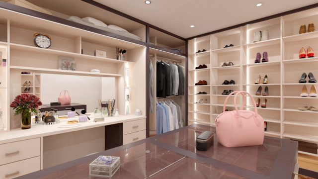 Wood Veneer Built in Walk in Wardrobe in Manhogany Style - Dormitorio ...