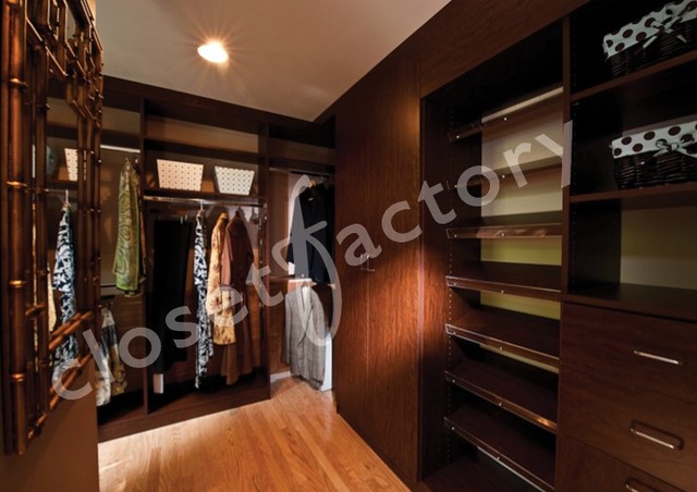 "Closet Factory" Contemporary sophisticated dark melamine master closet ...