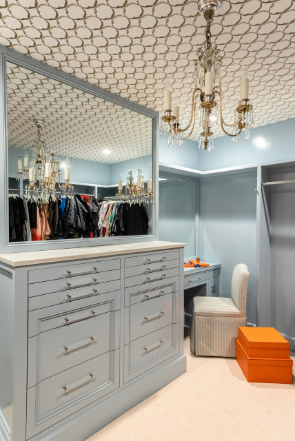 Wallpapered Ceiling and Custom Painted Cabinet Built-ins in a Master ...