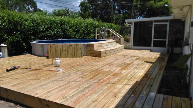 30 foot Pool Deck with platform, benches, storage and built-in cooler ...