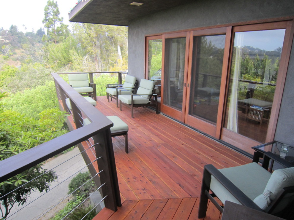 Redwood / Cable railing Pacific palisades wood deck. - Midcentury - Terrace - Los Angeles - by ...