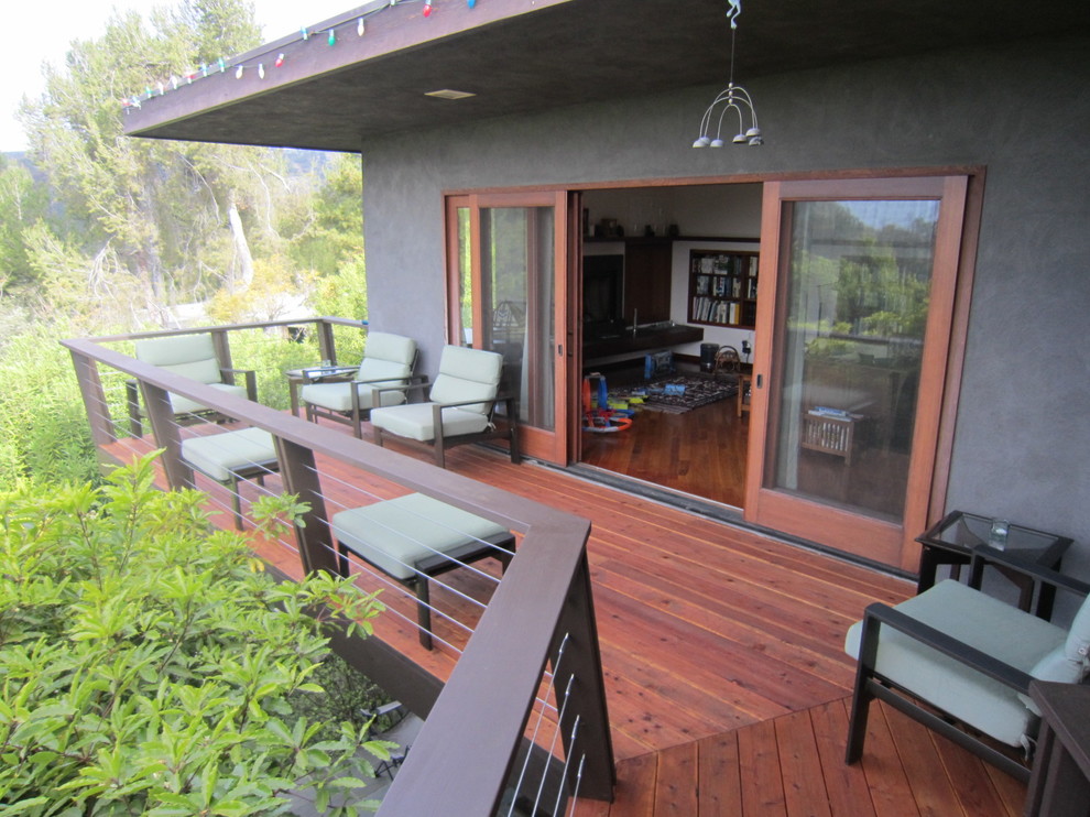 Redwood / Cable railing Pacific palisades wood deck. - Midcentury - Deck - Los Angeles - by ...