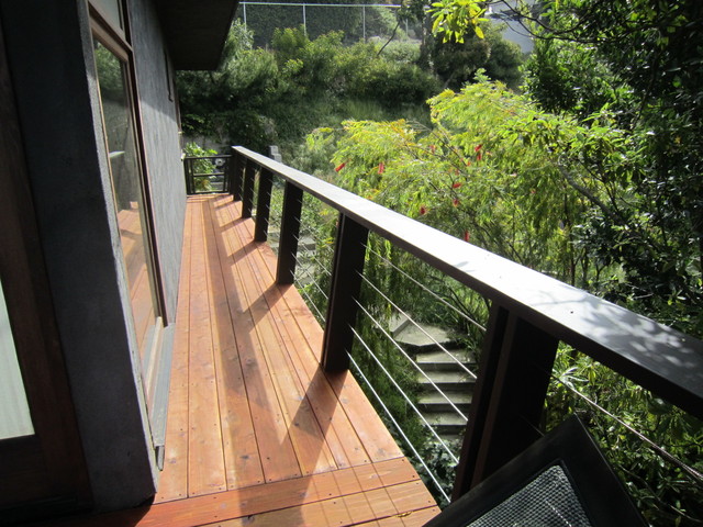 Redwood / Cable railing Pacific palisades wood deck. - Midcentury - Terrace - Los Angeles - by ...