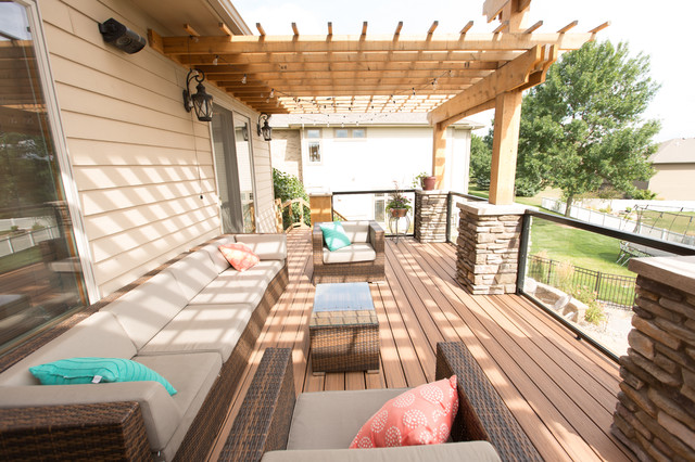 Terrace Deck with Stone Facade Columns, Pergola and Garden Lights ...