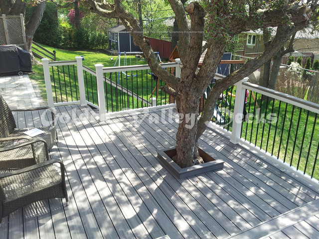 trex island mist deck with tree in the middle - Traditional - Deck ...