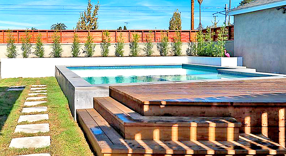 Wood Deck, Paver walkway, Planter box hedge plants - Terrace - Los ...